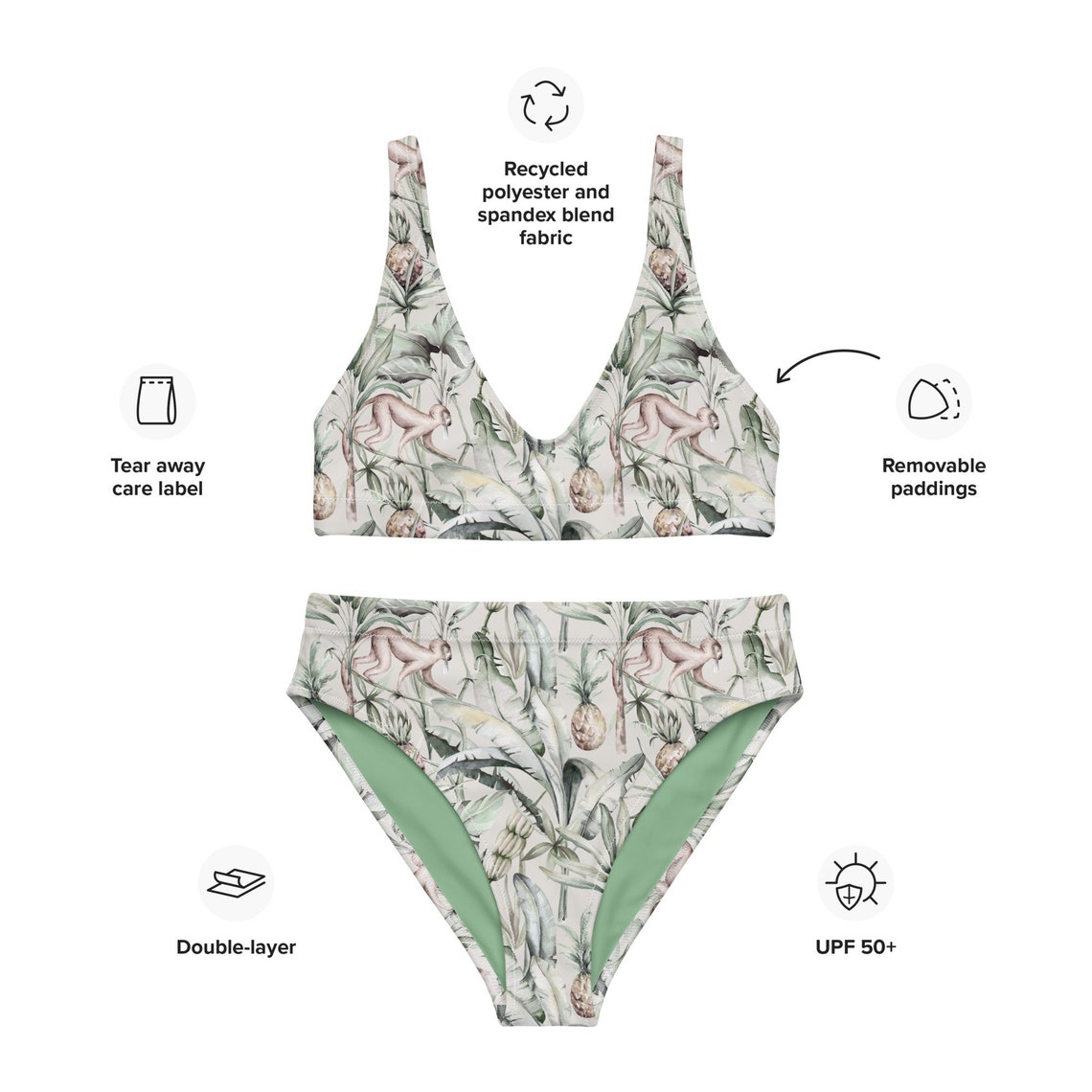 Monkey Rainforest High Waisted Bikini Set Tropical Island Recycled ...