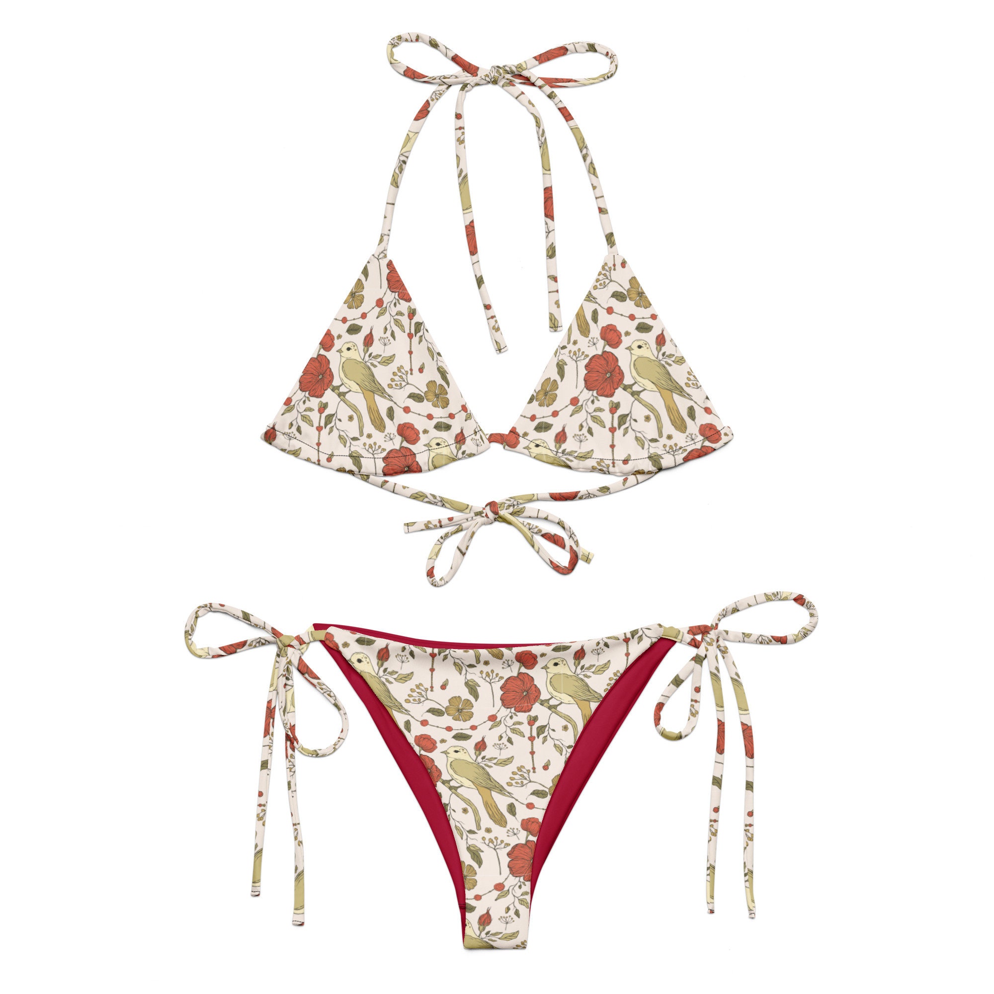 Vintage Birds String Bikini Set Minimalist Recycled Eco Friendly Bikini ...