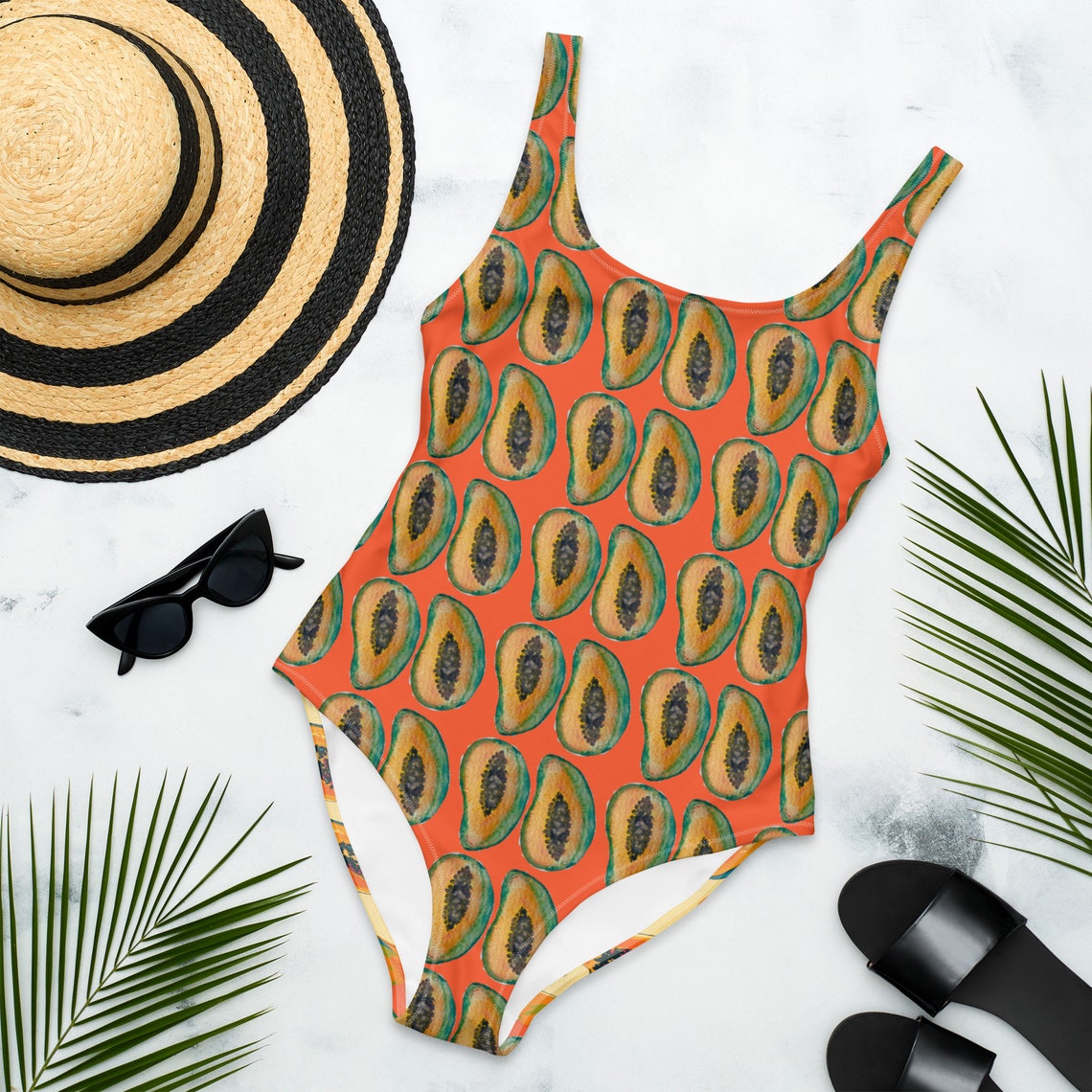 Orange Tropical Papaya One-piece Swimsuit | Recycled Eco Friendly ...