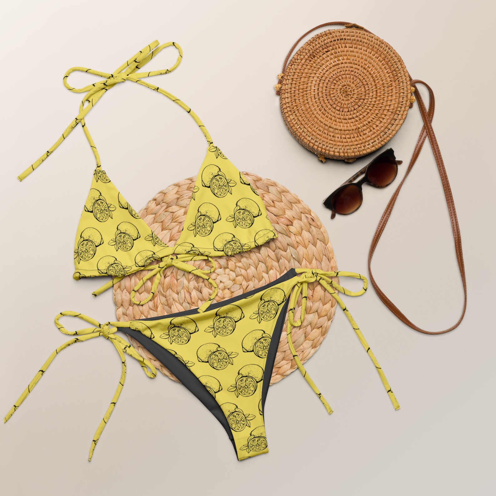 Exotic Yellow Lemon String Bikini Set Minimalist Recycled Eco Friendly Bikini Summer Retro Fruit ...