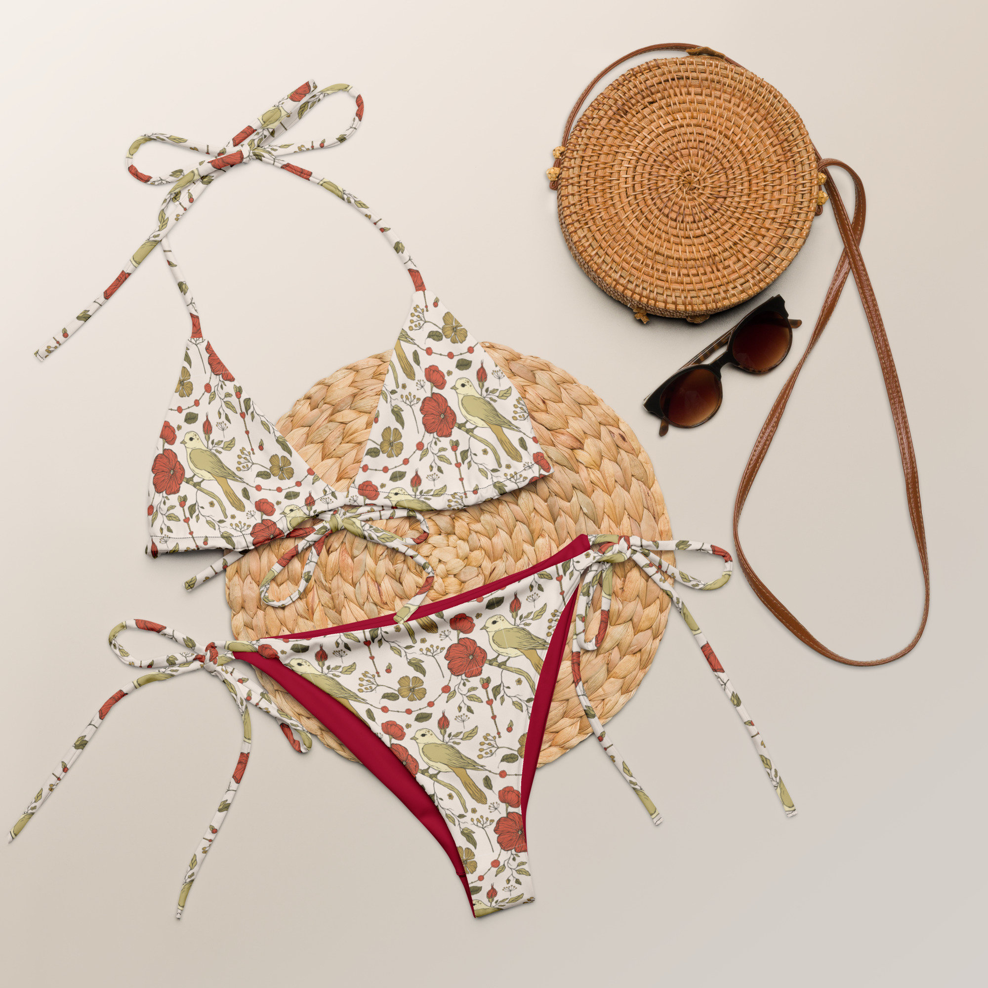 Vintage Birds String Bikini Set Minimalist Recycled Eco Friendly Bikini ...