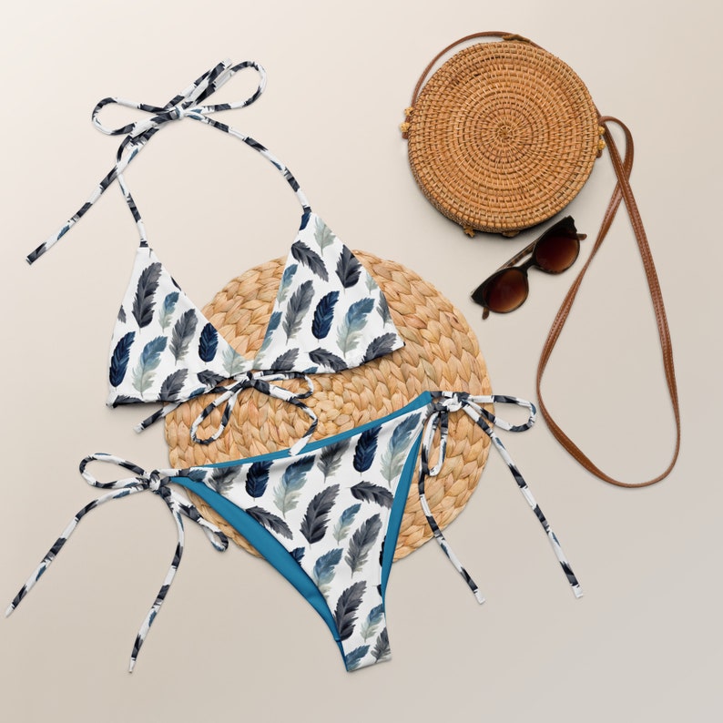 Blue Bird Feathers String Bikini Set Minimalist Recycled Eco Friendly ...