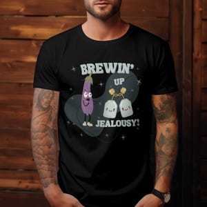 Funny Tea Bags and Eggplant Retro Style Tee Brewin' up Jealousy Shirt ...