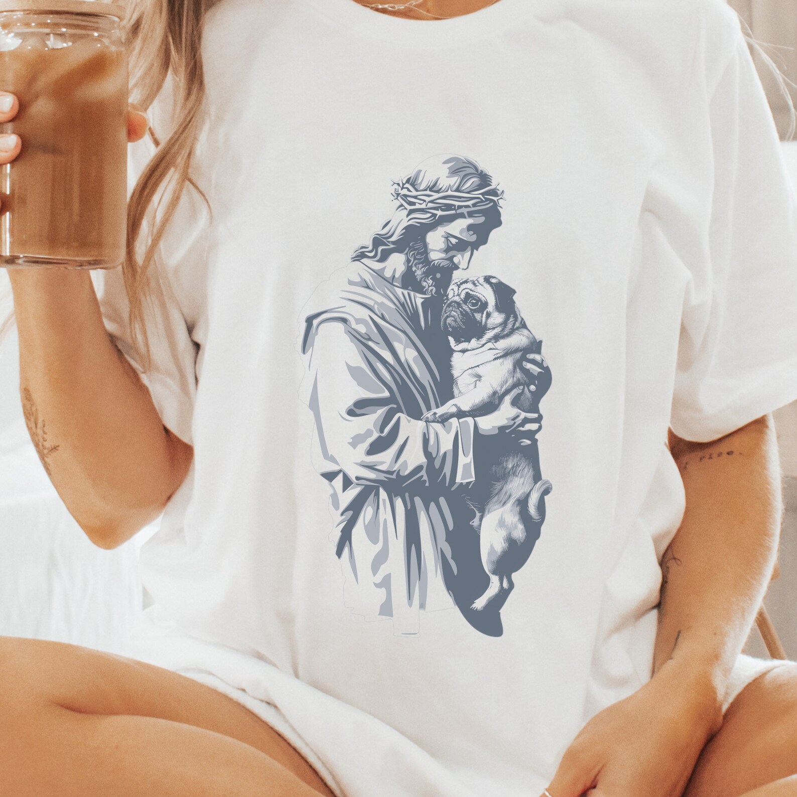 Jesus Pug Shirt Cute Pug Dog God Holding Pug Tee Gift for Pug Owner and ...