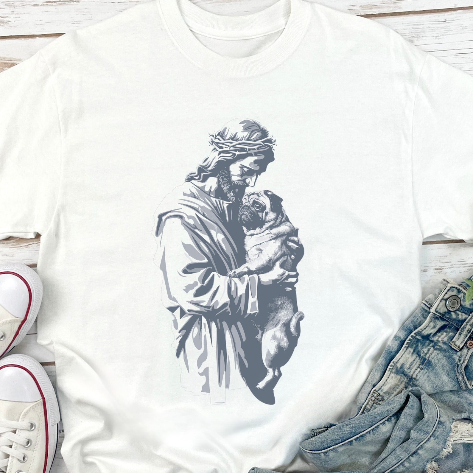 Jesus Pug Shirt Cute Pug Dog God Holding Pug Tee Gift for Pug Owner and ...