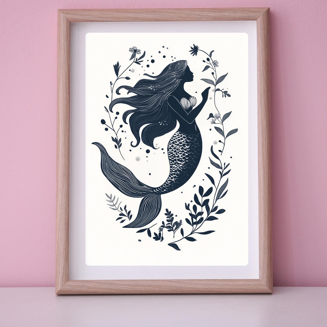 Minimalist Mermaid Line Art Digital Download - Navy Silhouette With ...