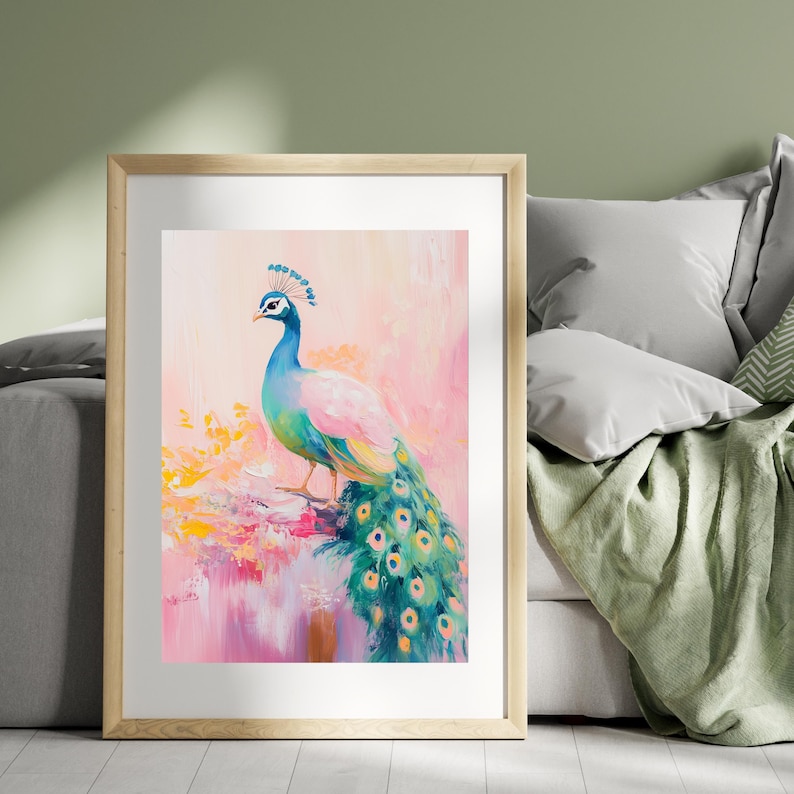 Peacock Wall Art Pastel Peacock Painting Digital Download Colorful Bird ...
