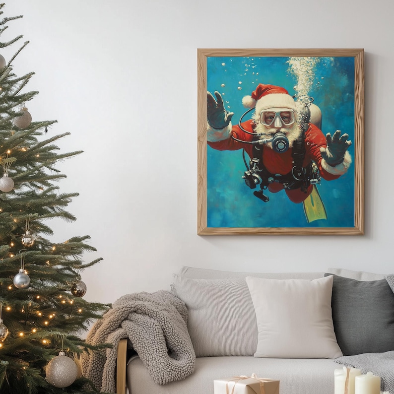 Retro Santa Scuba Diving Poster | Fun Ocean Christmas Decor | Digital ...