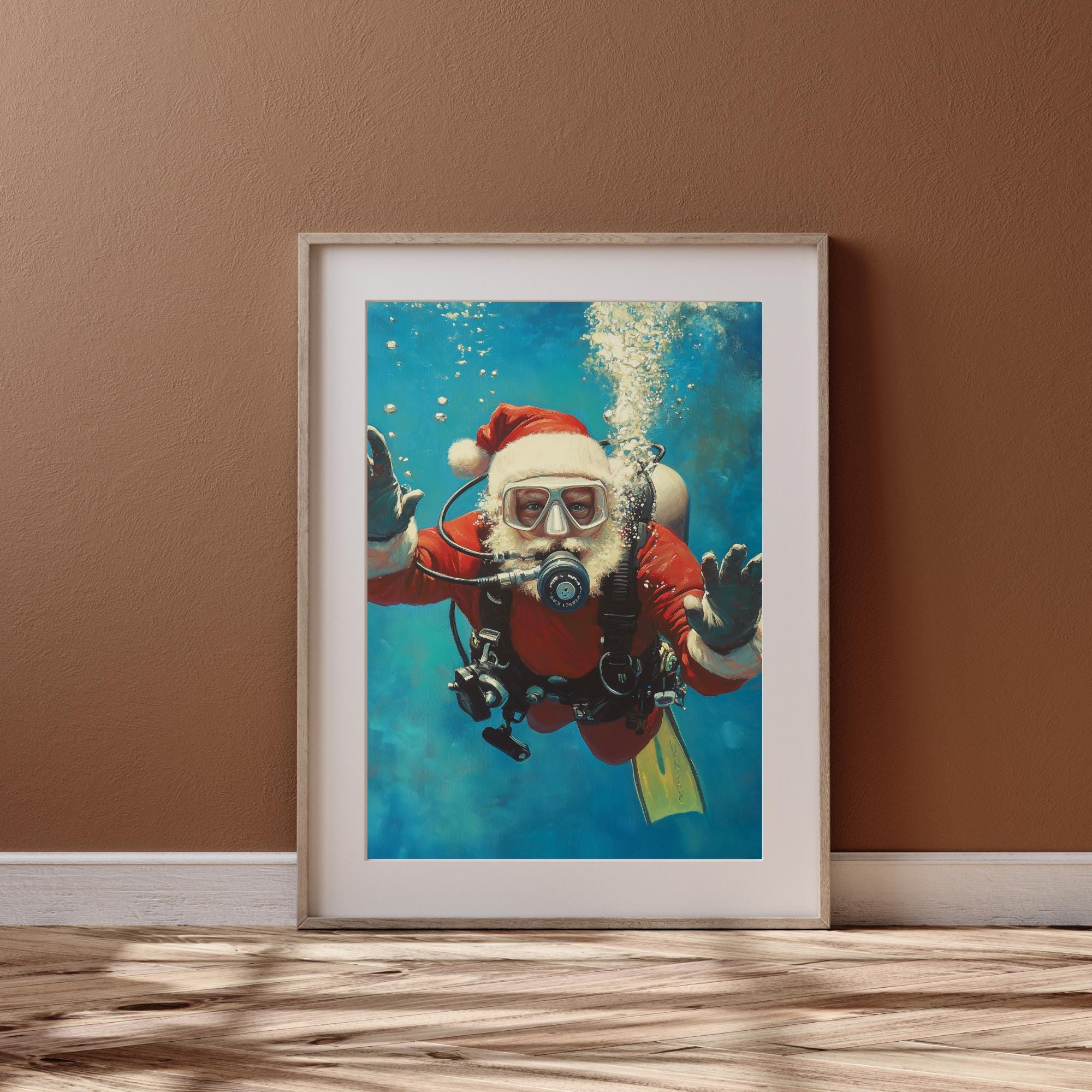 Retro Santa Scuba Diving Poster | Fun Ocean Christmas Decor | Digital ...
