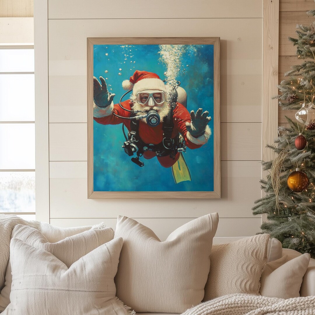 Retro Santa Scuba Diving Poster | Fun Ocean Christmas Decor | Digital ...