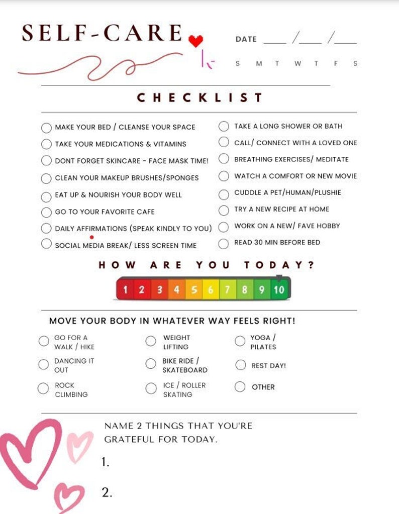 Self Care Checklist, Self Love Checklist, Daily to Do List, Instant ...