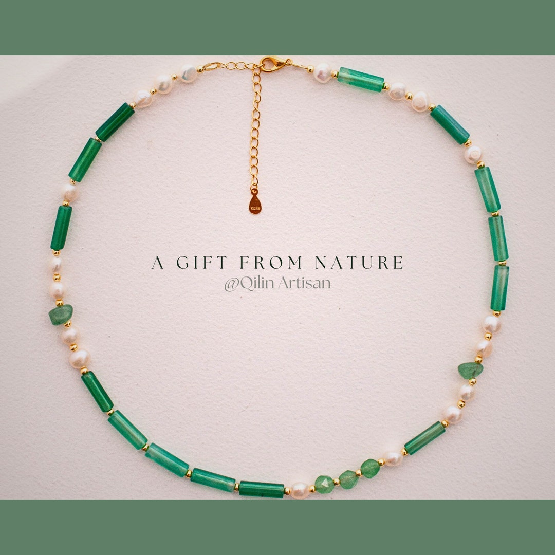 Jade Waves & Mist: Handmade Agate, Pearls, and Jade Necklace｜chocker ...
