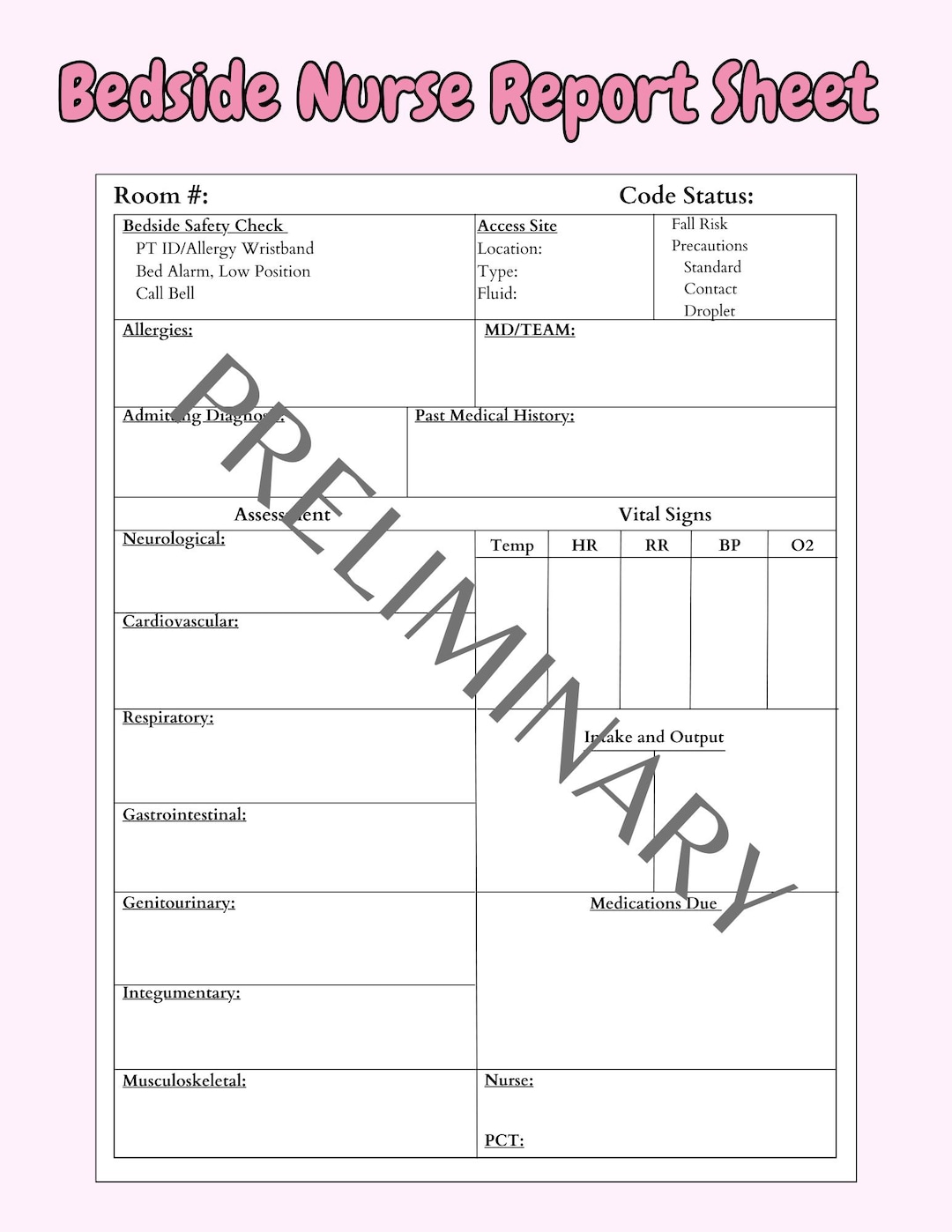 Nurse Bedside Report Sheet - Etsy
