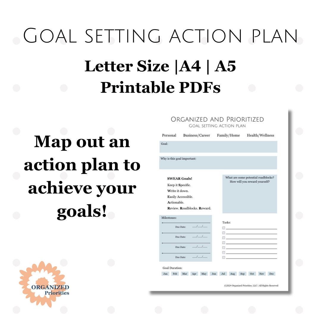 Goal Setting Action Planner Printable PDF - Letter Size | A4 | A5 ...