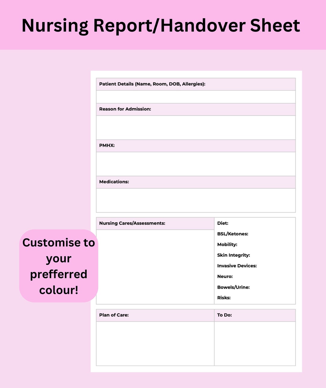 Nursing Handover/Report Sheet, SBAR Nurse Sheet, Nurse Report Sheet, RN ...