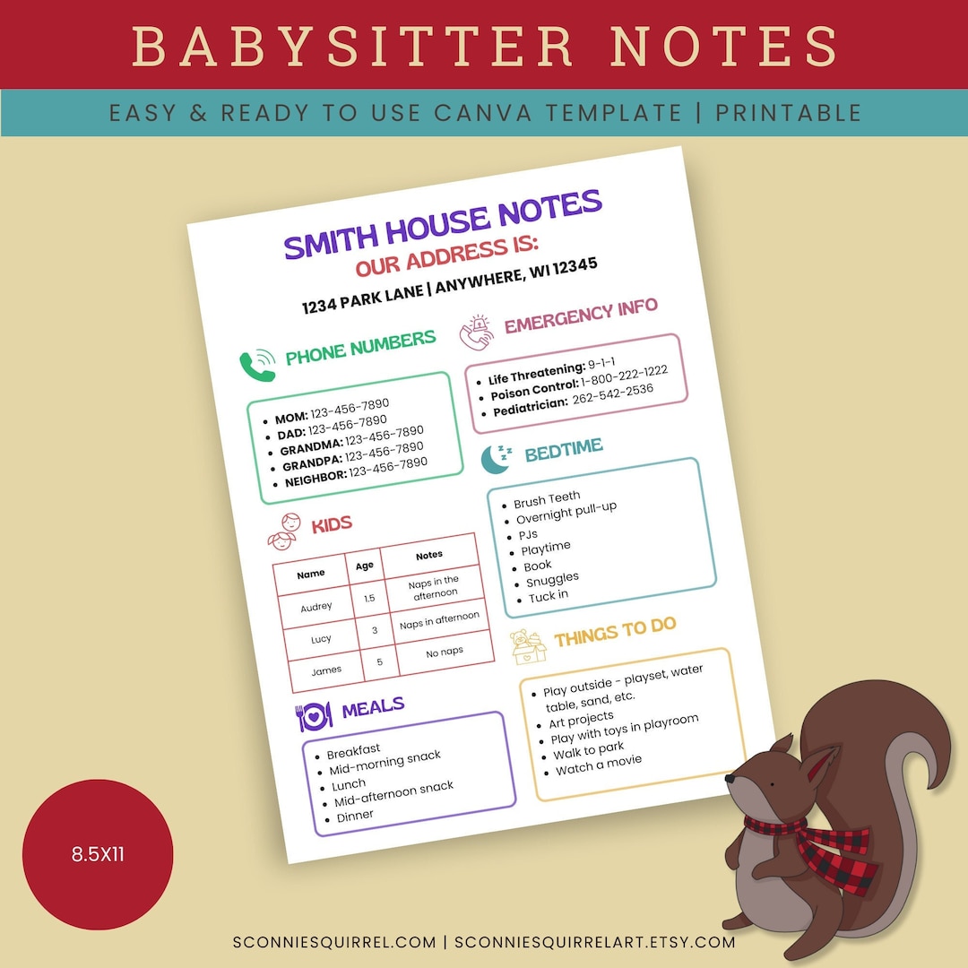 Babysitter Notes Canva Template Printable - Etsy