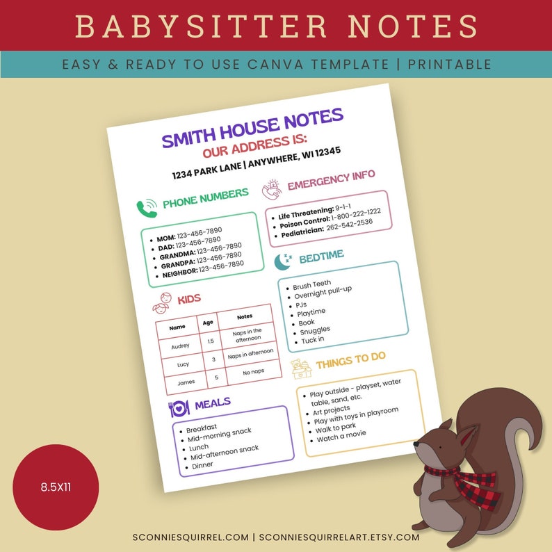 Babysitter Notes Canva Template Printable - Etsy