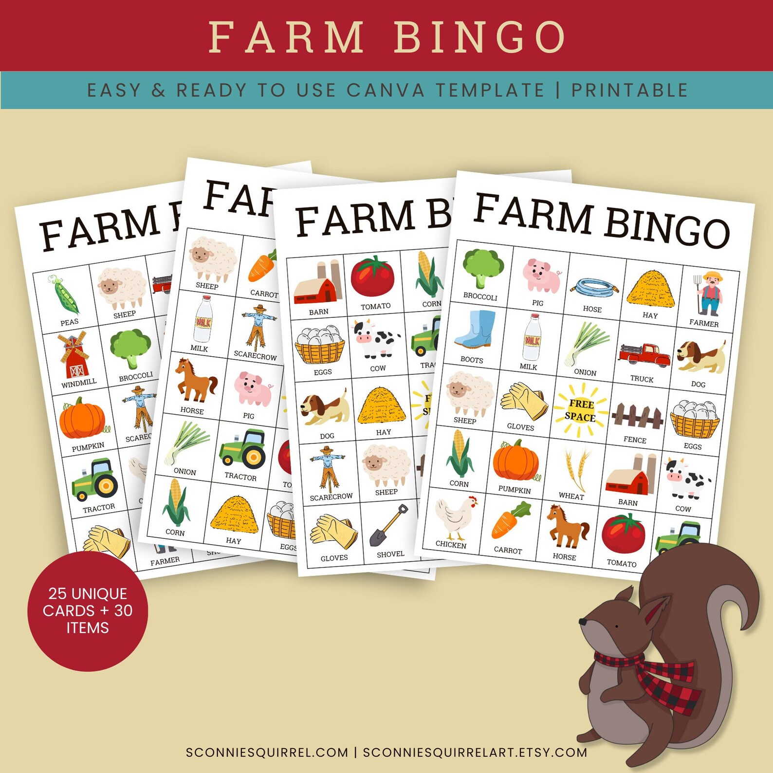 Farm Bingo Canva Template Printable, Farming and Farm Animal Bingo ...
