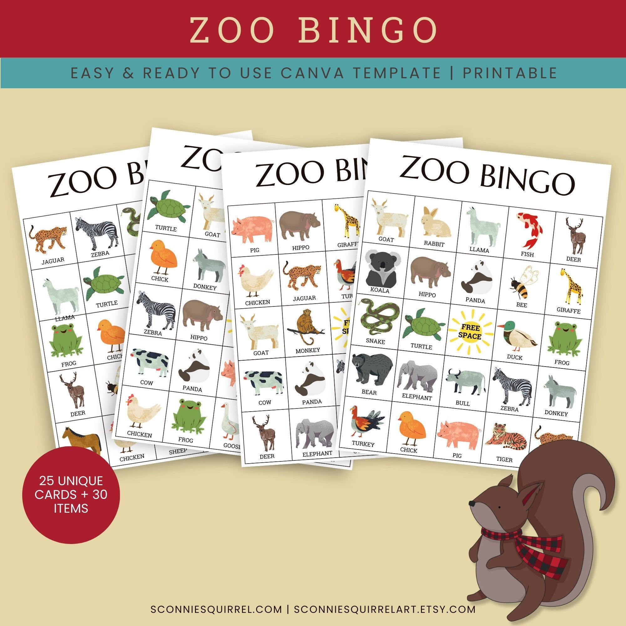 Zoo Animal Bingo Canva Template Printable, Zoo Animal Bingo Sheets - Etsy