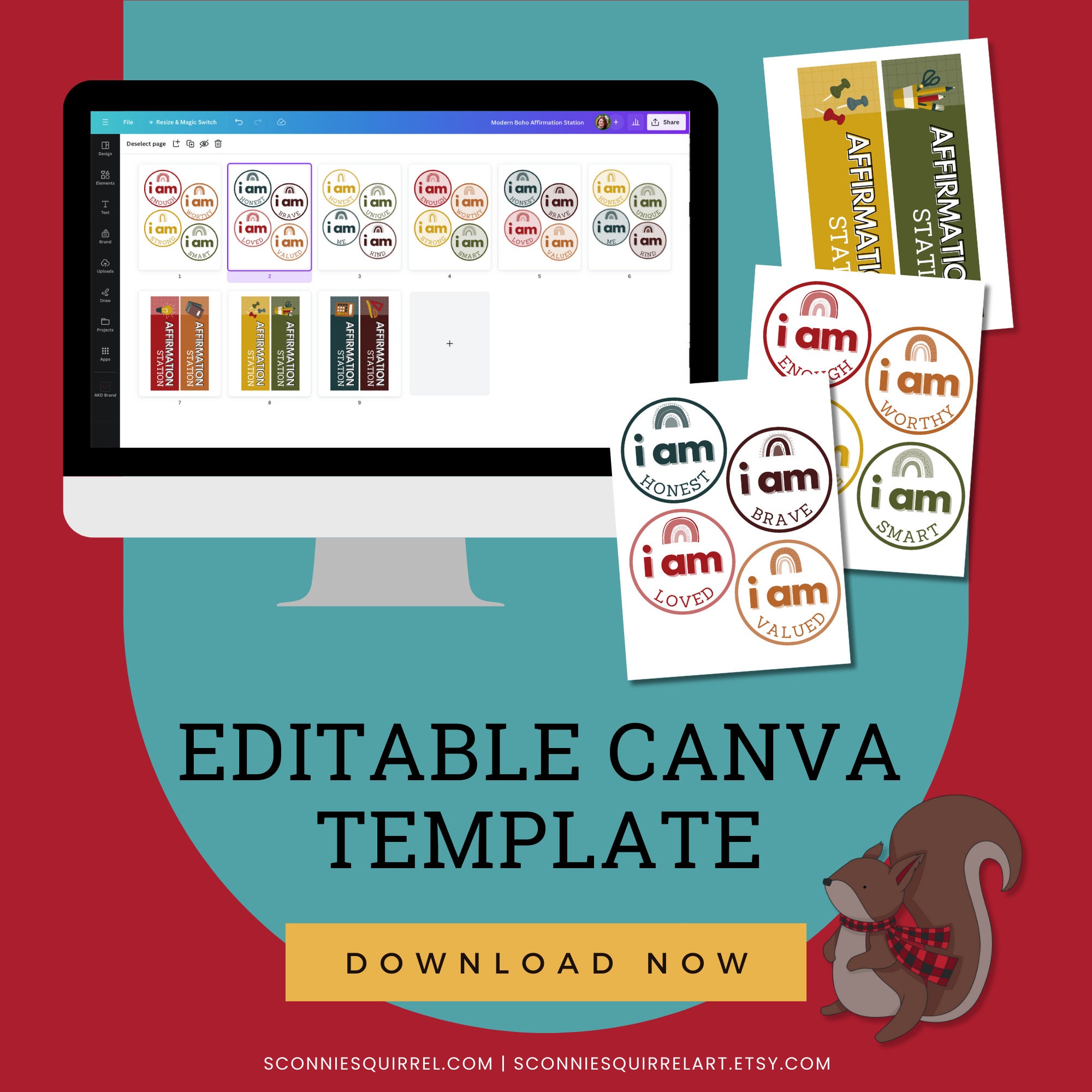 Modern Boho Rainbow Affirmation Station, Canva Template Printable ...