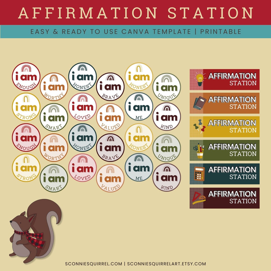 Modern Boho Rainbow Affirmation Station, Canva Template Printable ...