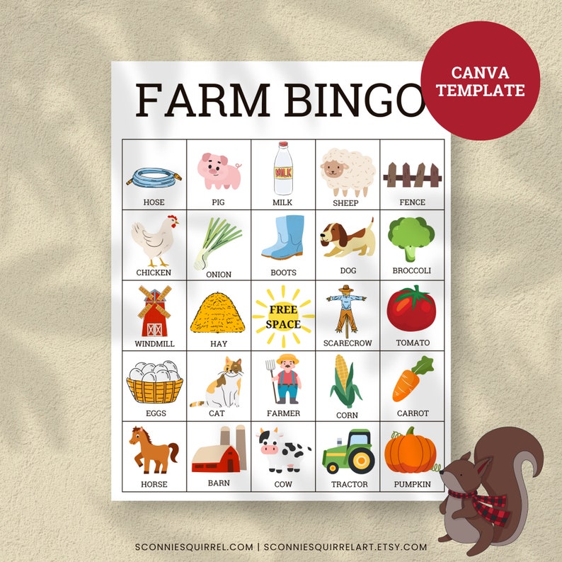 Farm Bingo Canva Template Printable, Farming and Farm Animal Bingo ...