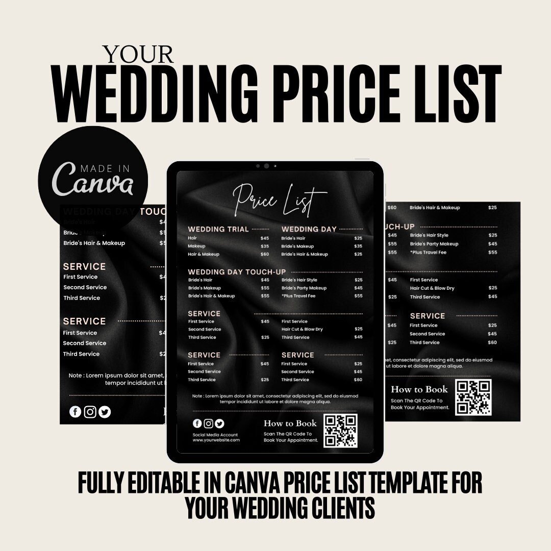 Printable Wedding Service Price List Template Bundle for Canva Editable ...