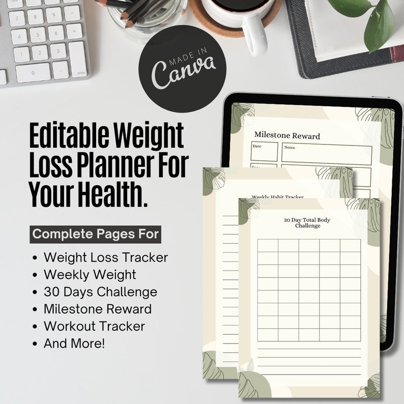 Weight Loss Digital Planner Tracker | Meal & Workout Wellness Journal ...