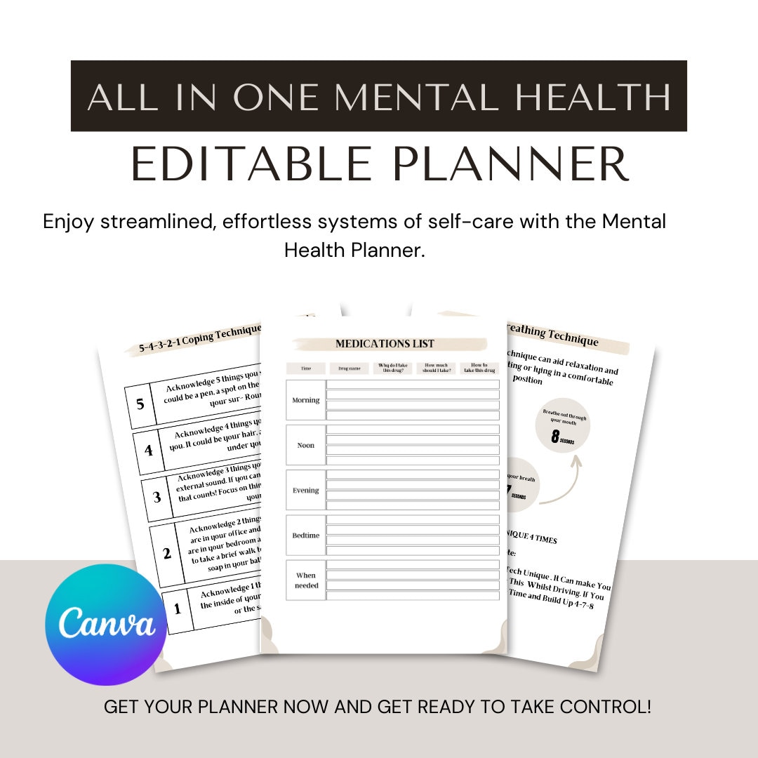 Mental Health Planner Printable Digital Self Care Journal Mindfulness ...
