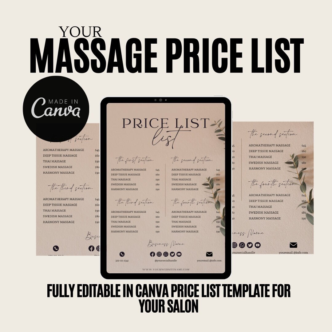 Printable Massage Therapist Price List Template Bundle for Canva ...