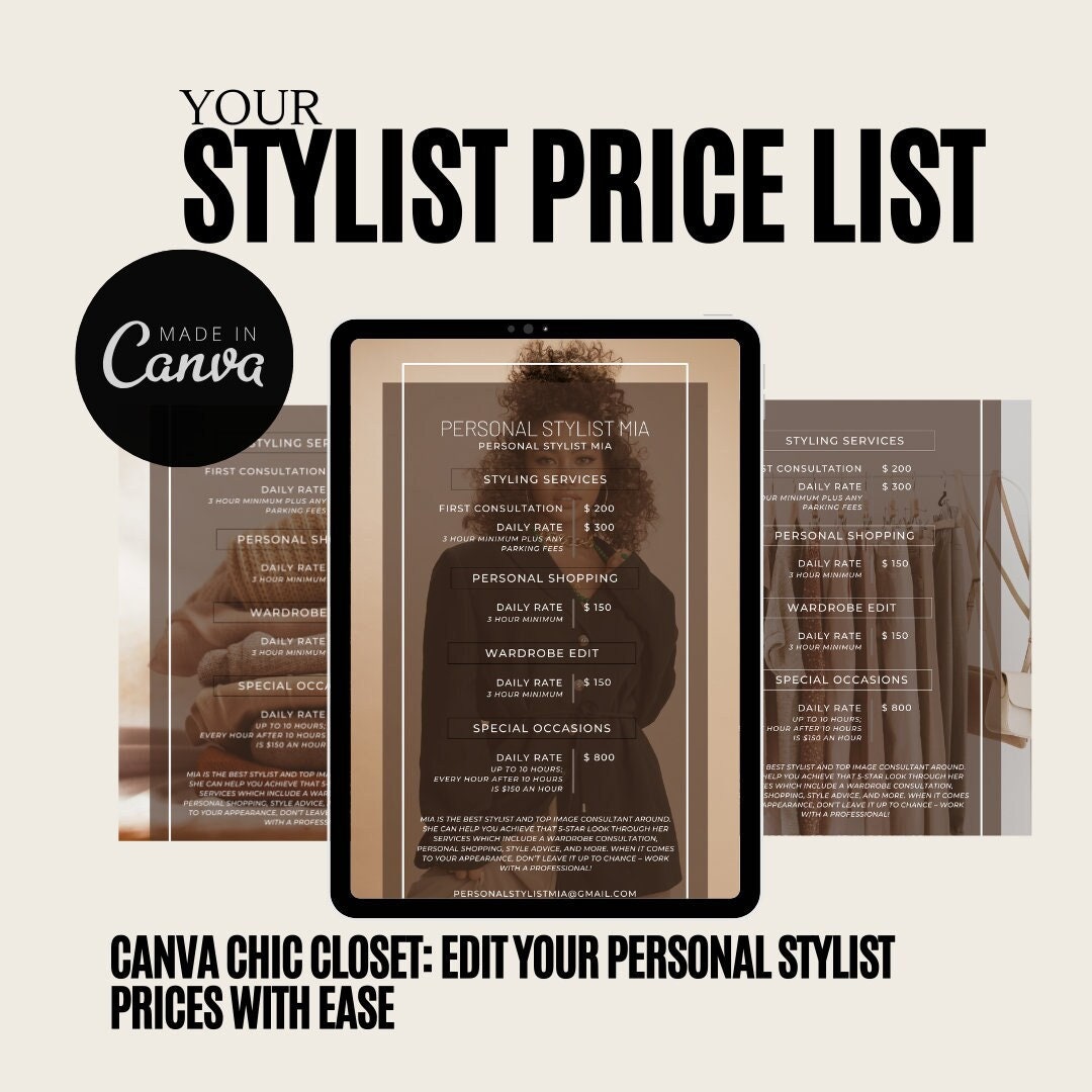Printable Stylist Fashion Price List Kit Template Bundle for Canva ...