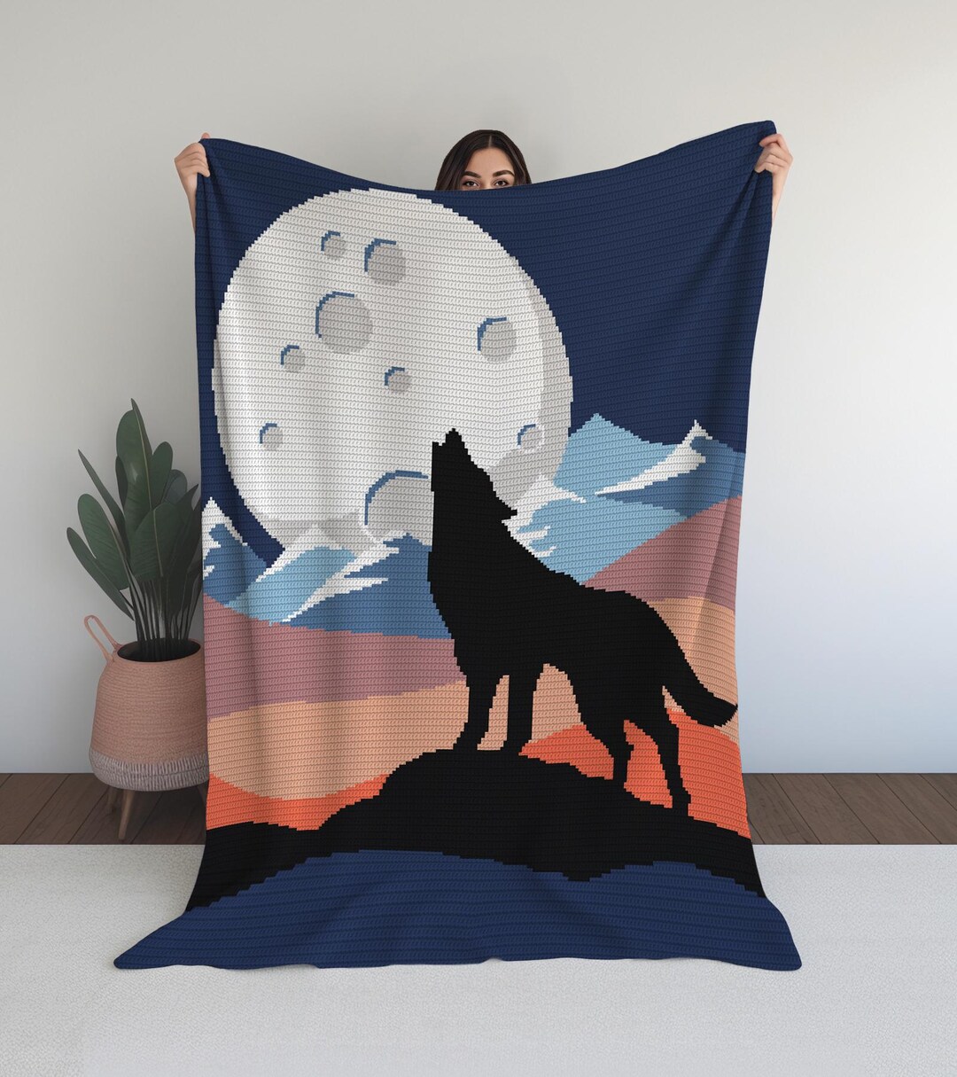 Wolf & Moon Crochet Tapestry Pattern: Landscape Blanket Design (digital ...