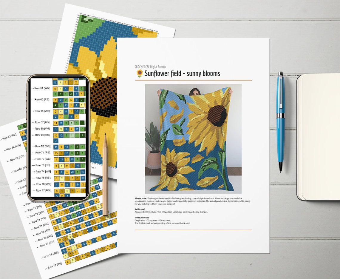 Sunflower Blanket C2C Crochet Pattern: Sunny Blooms (PDF Pattern) - Etsy