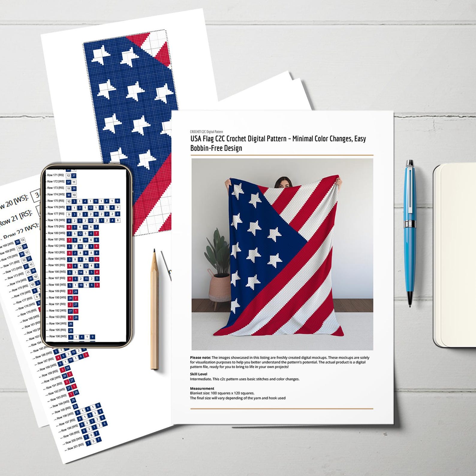 USA Flag C2C Crochet Pattern: Easy Bobbin-free Design (digital Pattern ...