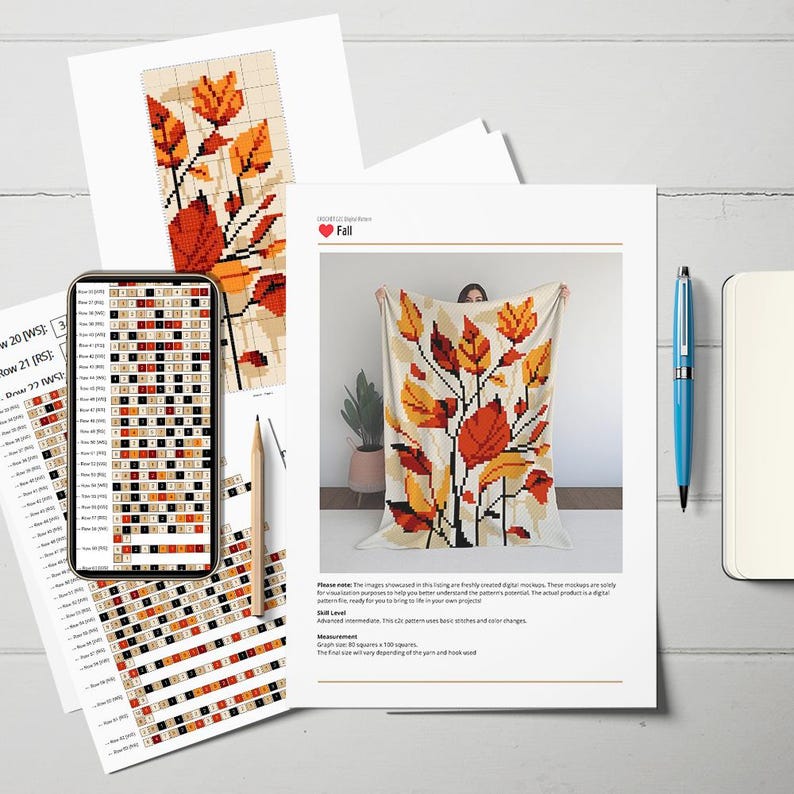 Fall in Love Modern Minimalist C2C Blanket Crochet Pattern With Autumn ...