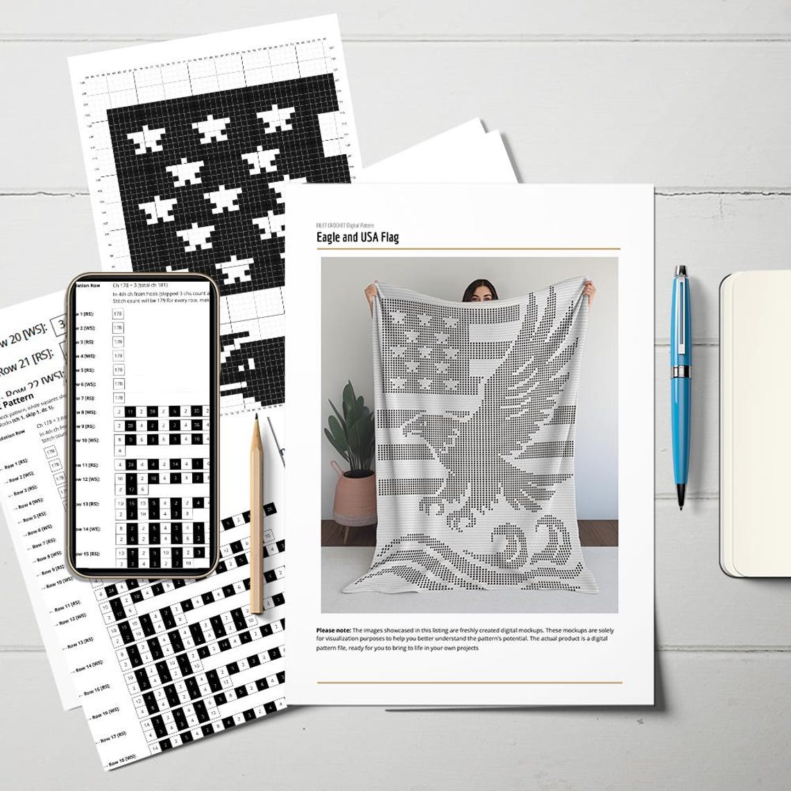 Eagle and Flag Filet Crochet Pattern American Blanket Stars Stripes PDF ...