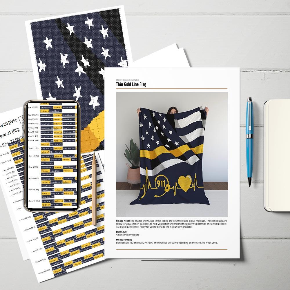 911 Dispatcher Crochet Pattern: Thin Gold Line American Flag Graphghan ...