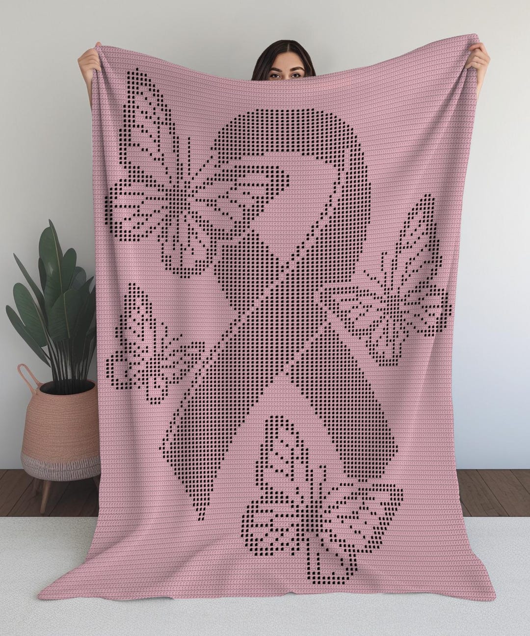 Breast Cancer Ribbon Filet Crochet Pattern Butterfly Awareness Blanket ...