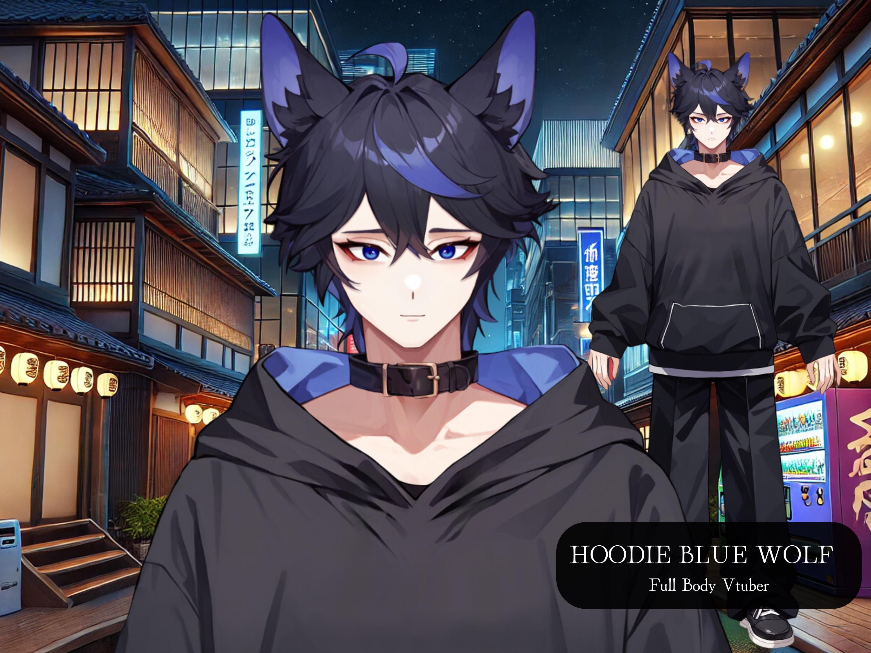 Hoodie Wolf Blue Male Vtuber, Premade Vtuber Model, Wol Boy Vtuber ...