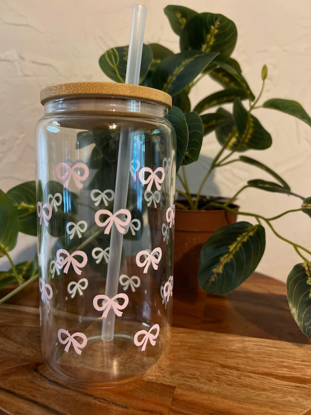 Light Pink Bow Glass Cup, Pink Bow Glass Cup, Iced Coffee Glass Cup ...