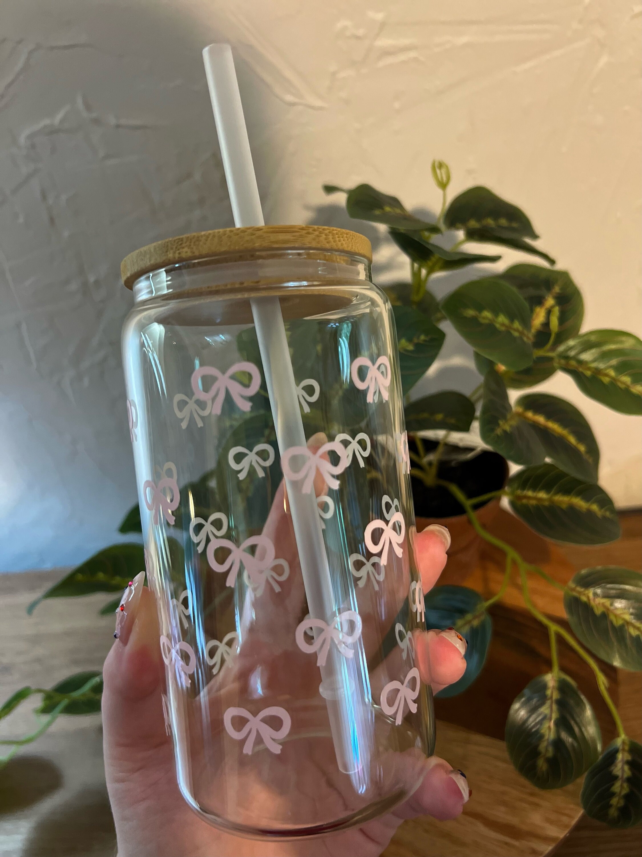 Light Pink Bow Glass Cup, Pink Bow Glass Cup, Iced Coffee Glass Cup ...