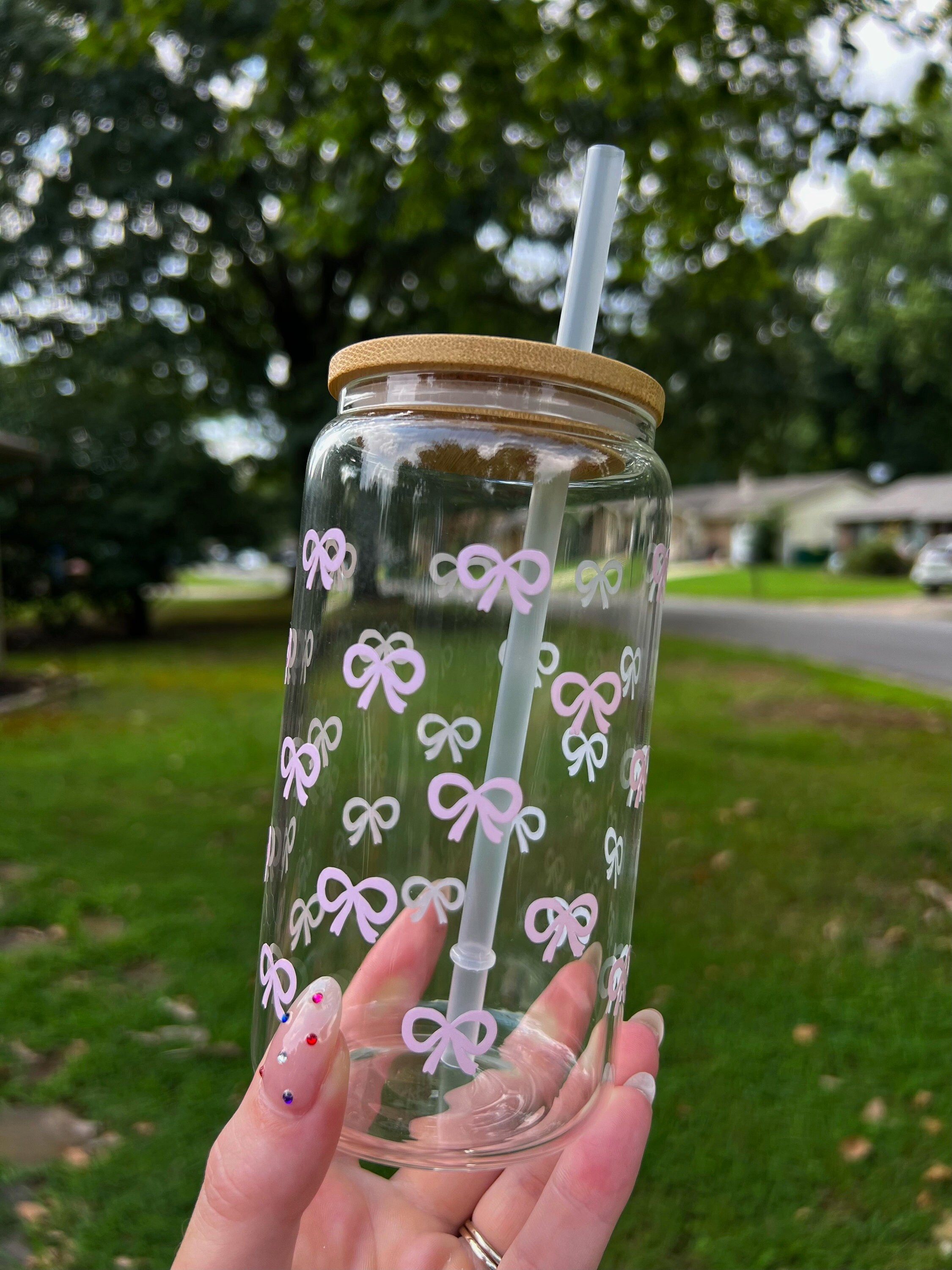 Light Pink Bow Glass Cup, Pink Bow Glass Cup, Iced Coffee Glass Cup ...