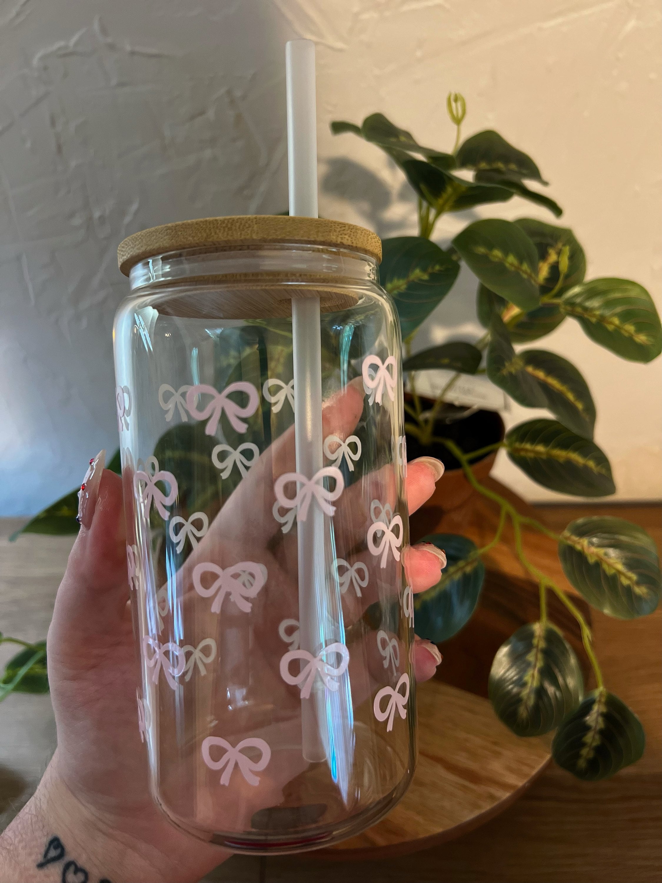 Light Pink Bow Glass Cup, Pink Bow Glass Cup, Iced Coffee Glass Cup ...