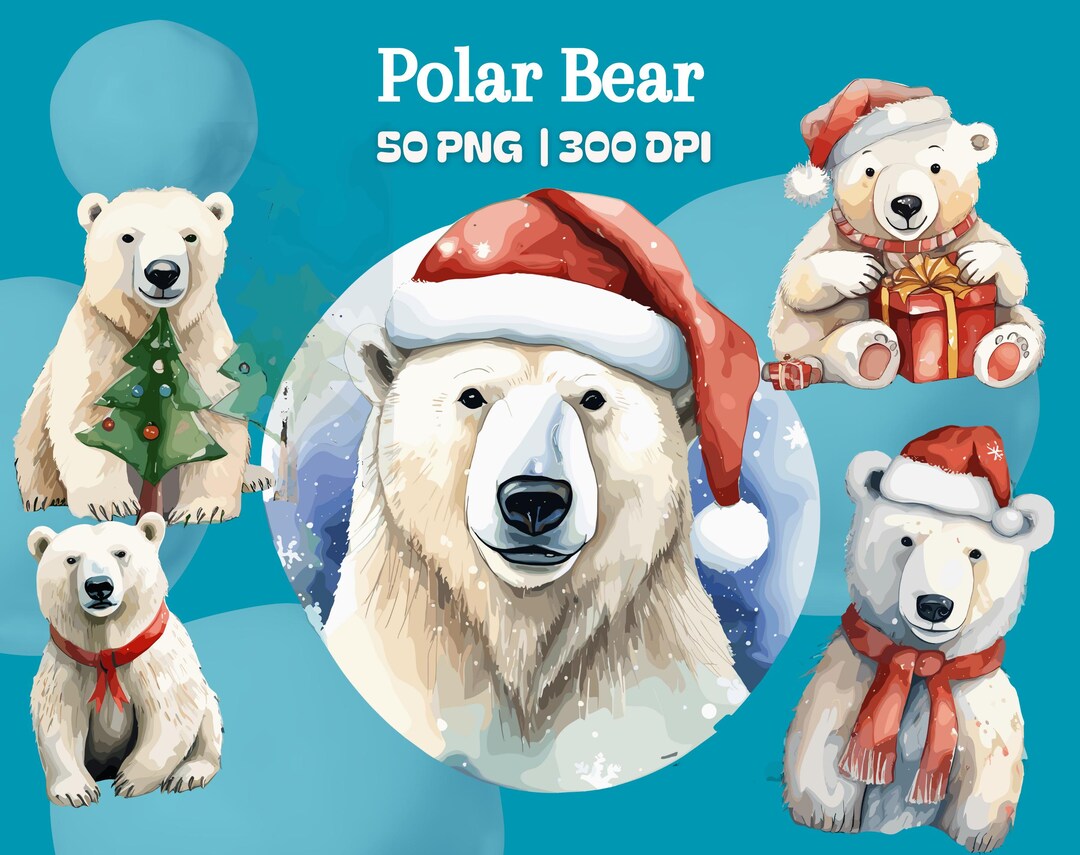 Polar Bear Clipart, Christmas Polar Bear, Christmas Bear, Digital ...