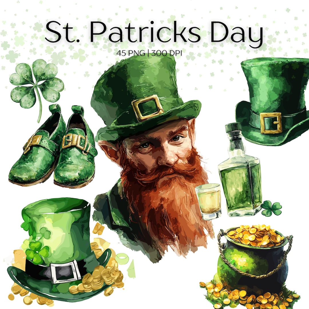 St. Patrick's Day Clipart, Irish Holiday Illustrations, Leprechaun Graphics, Shamrock, Green ...