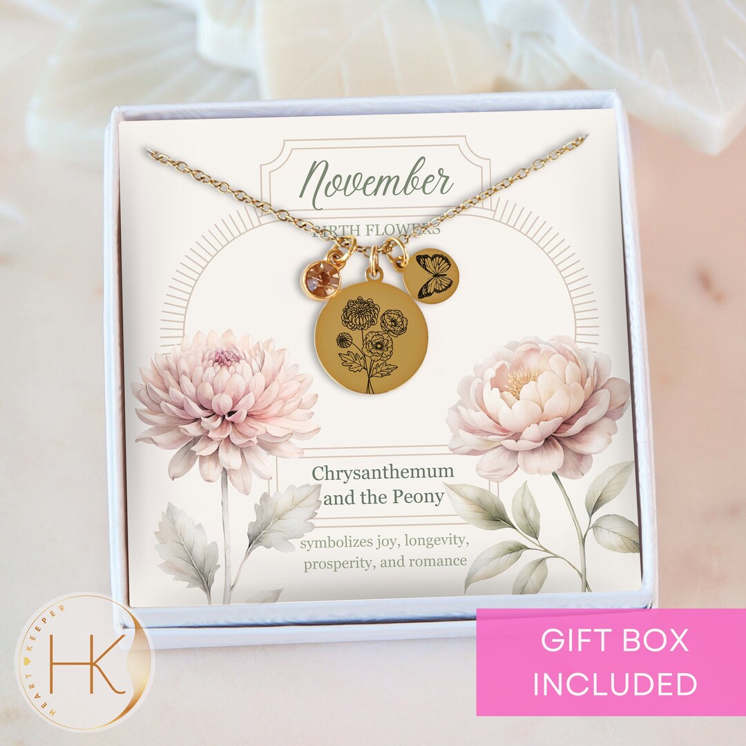 November Birth Flower Necklace, Personalized Birth Flower Necklace ...