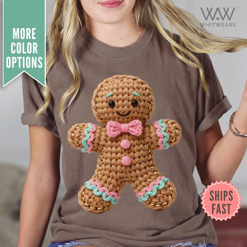 Gingerbread Man T-shirt, Faux Yarn Holiday Party Tee, Brown & White ...