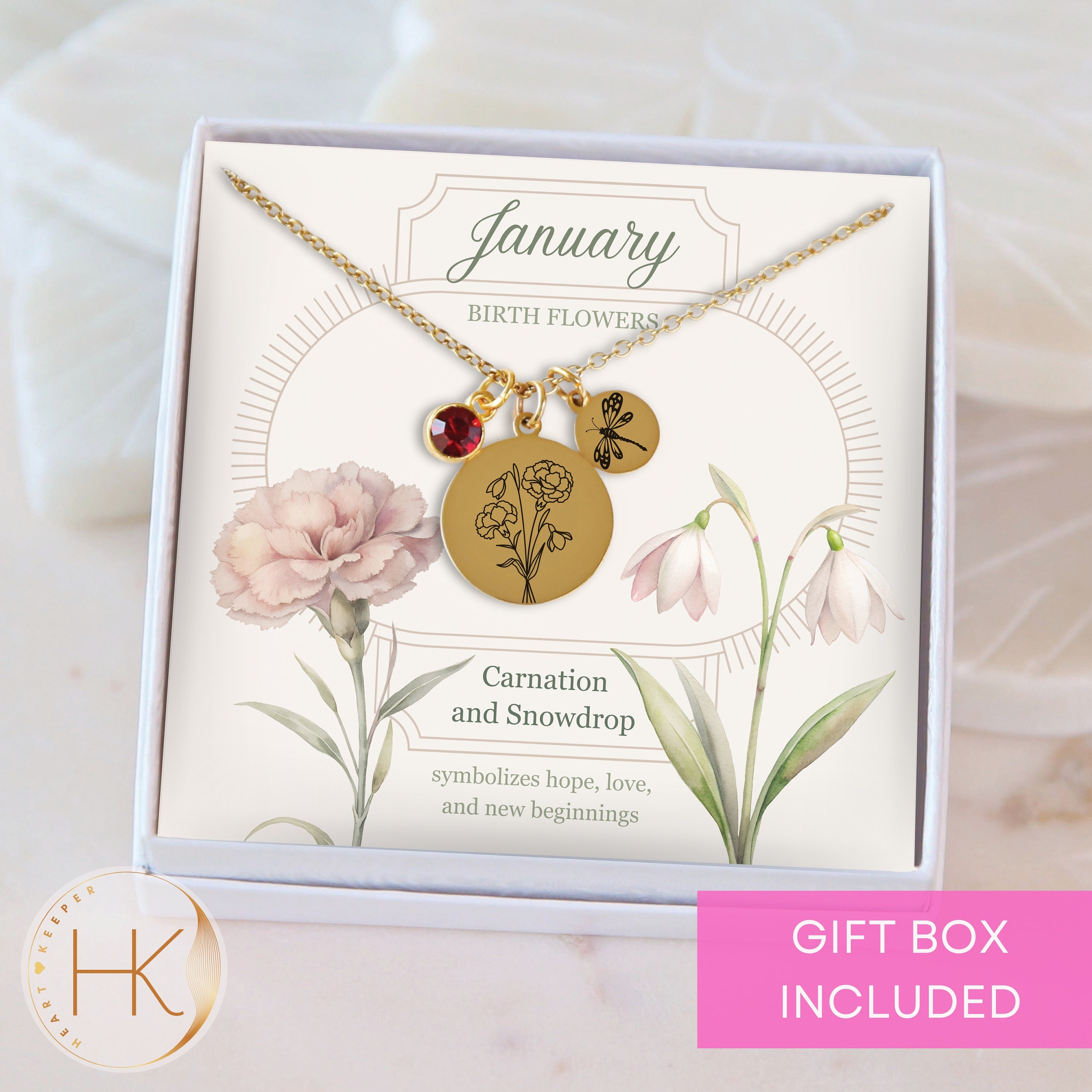 January Birth Flower Necklace, Personalized Birth Flower Necklace ...