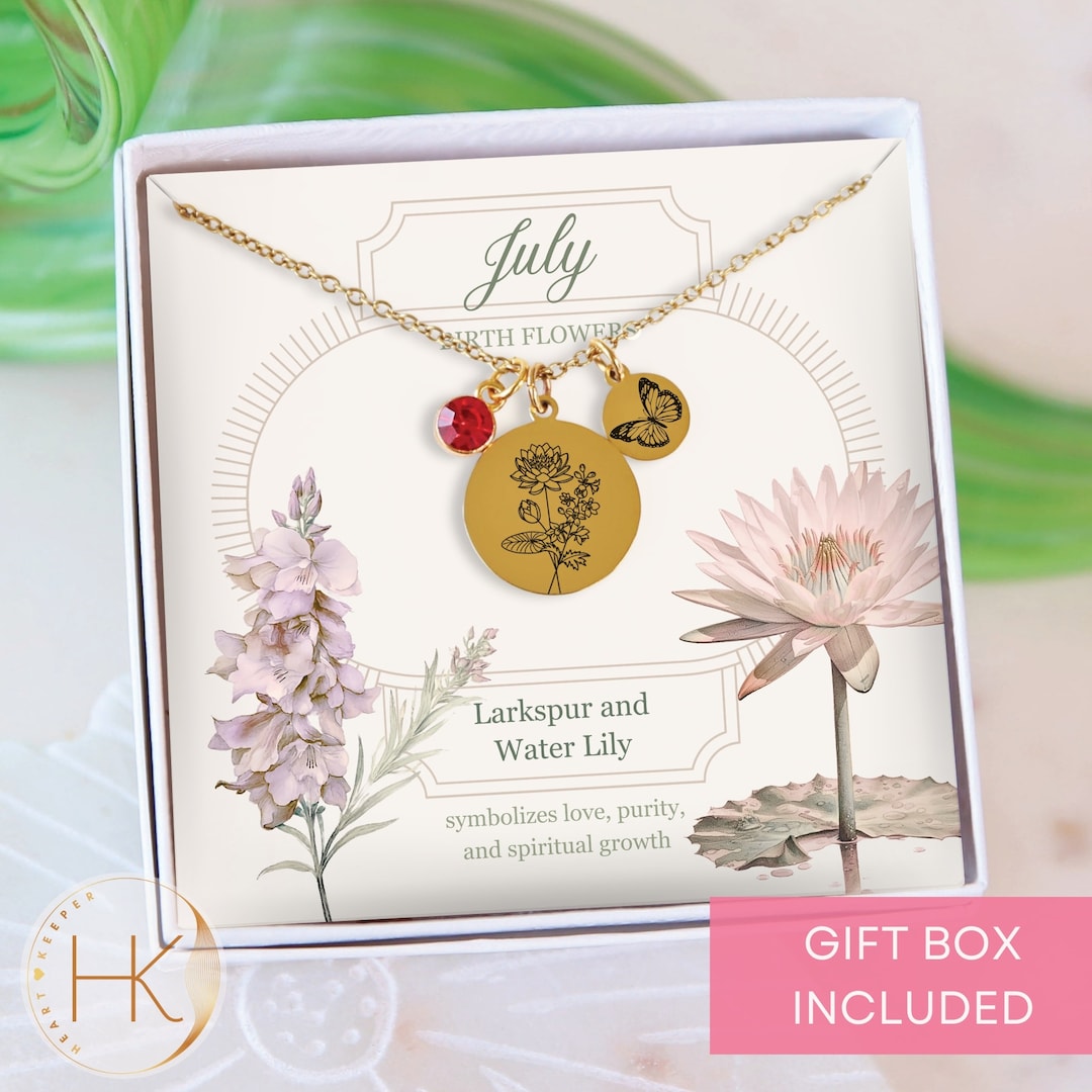 July Birth Flower Necklace, Personalized Birth Flower Necklace for July ...