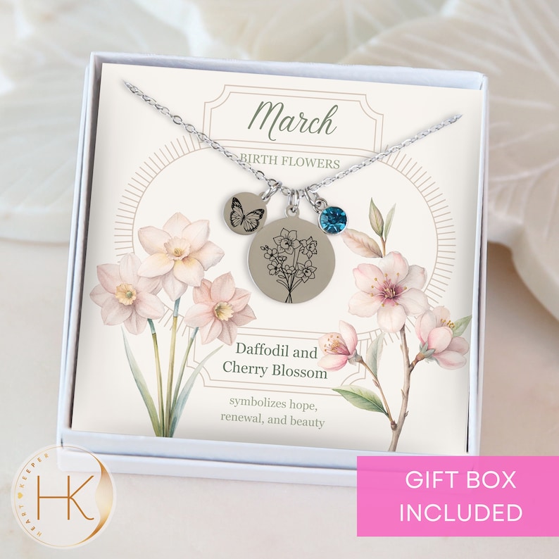 March Birth Flower Necklace, Personalized Birth Flower Necklace March ...